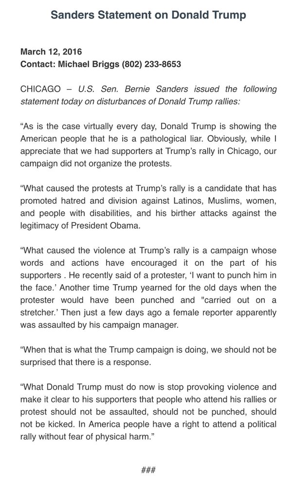 Sanders statement | Ethics Alarms